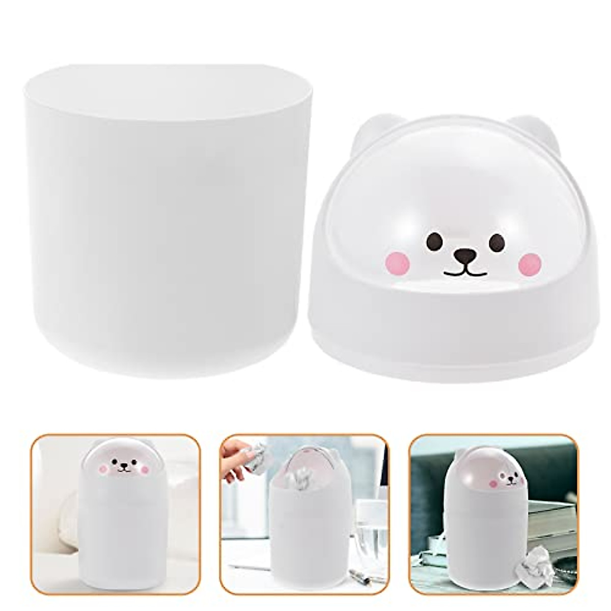 Cabilock 2pcs Desktop Bin Living Brush Room Bathroom Garbage Lid Vanity Bucket Rubbish Makeup Shape Wastebasket Can Waste Office Lovely Cartoon White for Small with Animal Desk Holder