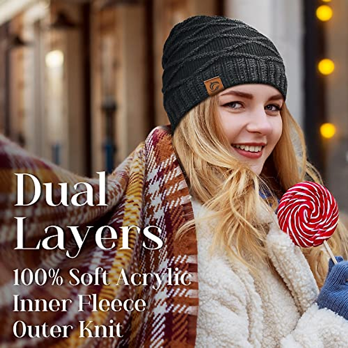 URECOVER Winter Beanie Hats for Men - Black Unisex Slouchy Knit Fleece Cap for Women, Toboggan Hat Christmas Stocking Stuffers Birthday Gifts for Men Women