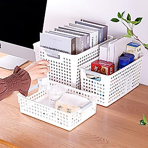 Whale Pocket 6 PCS Plastic Storage Basket, Slim White Organizer Tote Bin Shelf Baskets for Closet Organization, De-Clutter, Toys, Cleaning Products, Accessories 14 x 10x 3.4 in