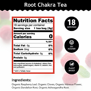 Buddha Teas - Root Chakra Tea - Organic Herbal Tea - For Security & Stability - With Ashwagandha Root, Raspberry Leaf, Cloves & Garnet Essence - 100% Kosher & Non-GMO - 18 Tea Bags (Pack of 1)