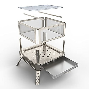 FlareTOP Portable Stainless Steel Fire Pit, Outdoor Foldable Firepit, Small Wood Burning Bonfire Pit, Camping BBQ Grill for Patio, Backyard, Log Grate, Poker