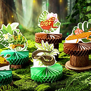 12 Pcs Reptile Honeycomb Centerpieces Jungle Animal Birthday Party Decorations DIY Assemble Reptile Party Favors Snake Lizard Honeycomb Centerpieces for Birthday Baby Shower Decor, Photo Booth Props