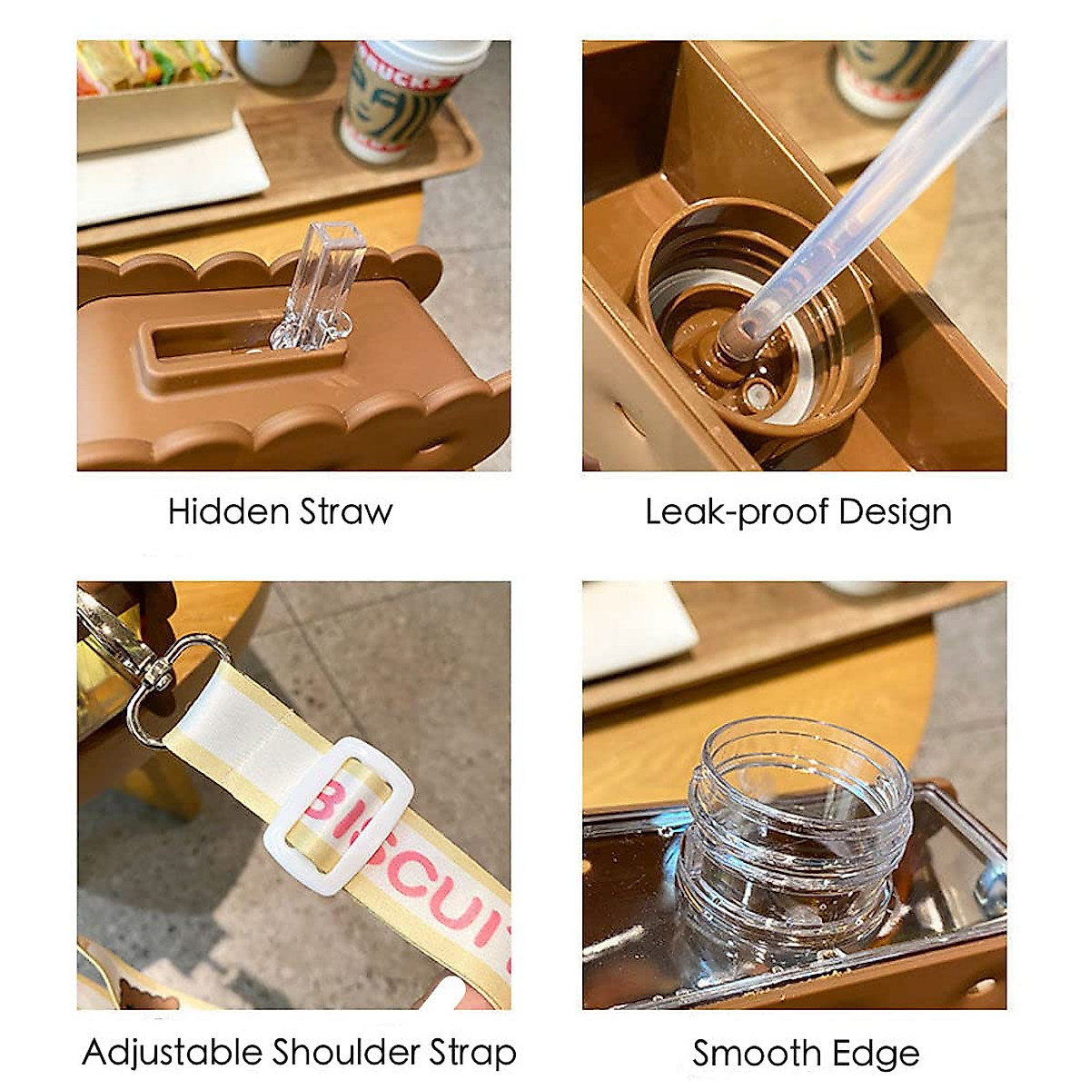 Kawaii Biscuit Water Bottle with Straw Lid and Strap Novelty Water Bottle for Kids Girls Outdoor Sports School Supplies Cute Aesthetic Birthday Gifts Cookie Leak-proof Water Bottle BPA Free (Pink)