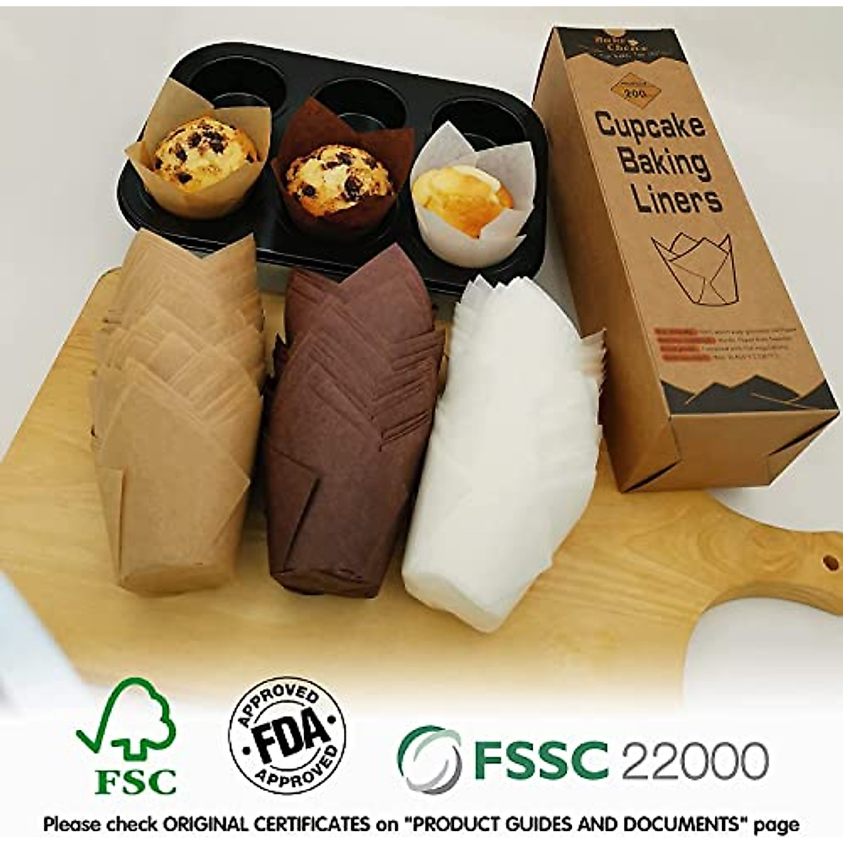 [Nordic Paper] 200pcs Natural Tulip Cupcake Liners for Baking Cups Unbleached EU Parchment paper Tulip Muffin Liners, Cupcake Wrapper for Party, Christmas by Bake Choice