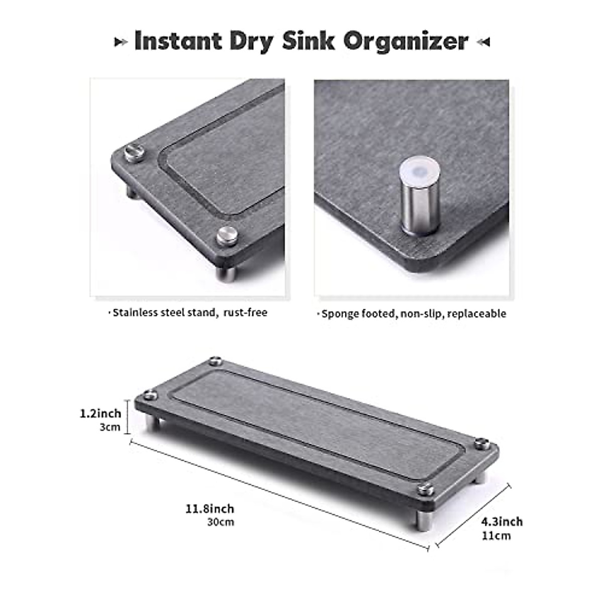 Johamoo Drying Stone Sink Tray, Bathroom Instant Dry Sink Organizer, Diatomaceous Earth Water Absorbing Stone Tray for Sink, Sink Drying Stone for Kitchen Counter with Stainless Steel Feet, Grey