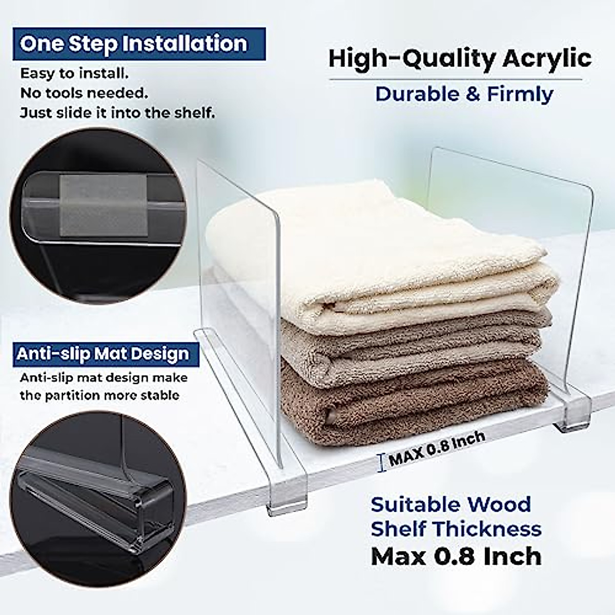 SC Shiza Care 8 Pcs Acrylic Shelf Dividers for Closet Organization - Clear Closet Organizer for Shelves - Suitable for Max 0.8 inch Thick Wooden Shelves in Bathroom, Kitchen, Bedroom, Office