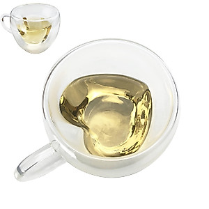 Asng Heat resistant creative double layer heart cup cup clear glass milk cup tea milk cup cup coffee cup (240ML/8oz)