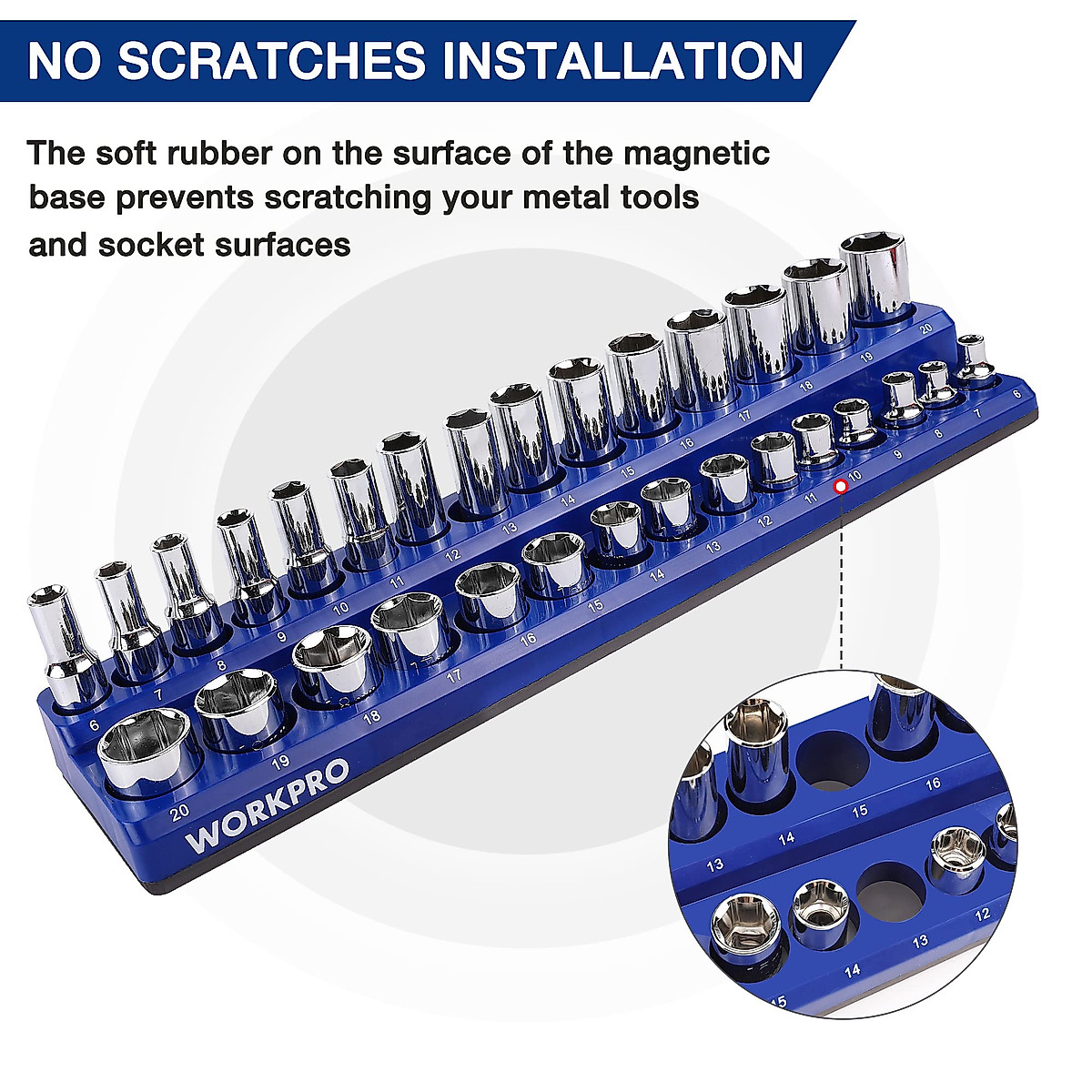WORKPRO Magnetic Socket Organizer Set, 6-Piece Socket Holder Set Includes 1/4", 3/8", 1/2" Drive Metric SAE Socket Trays, Holds 141 Pieces Standard Size and Deep Size Sockets(Socket not Included)