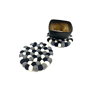 Handmade Trivet, Felt Ball Trivet, Potholders, Trivets, 100% Wool, Felt, Hot Pot Holders (Set of 2) Hot Pads, Flexible, Durable, Heat Resistant Mat, Mats, Round Trivet (Black, Round)