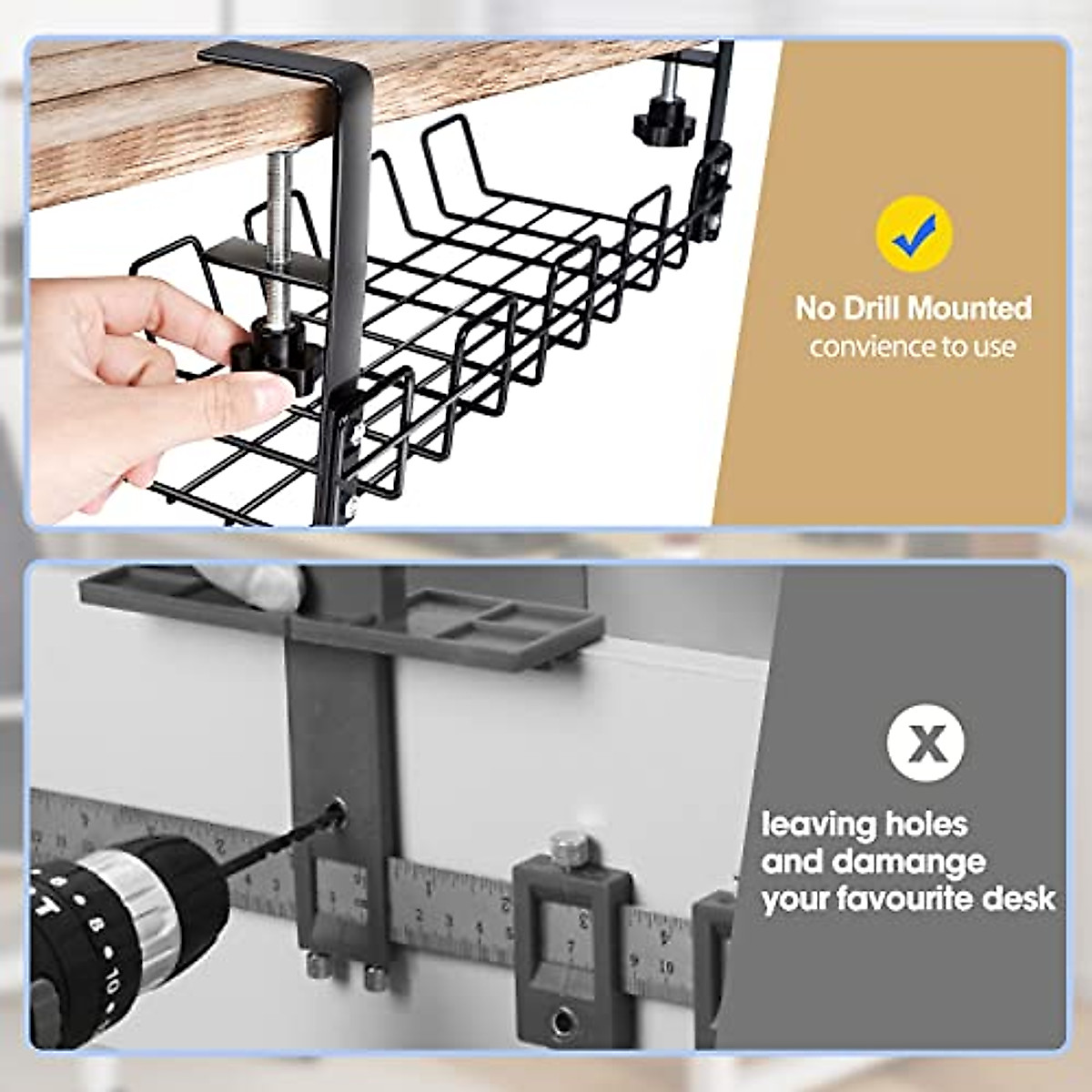 SLLFLY Under Desk Cable Management Tray,Wire Management Tray, Desk Organizers and Storage,No Drill Steel Desk Cable Organizers,Desk Cable Management,Cord Management,Under Desk Organizer(Black)