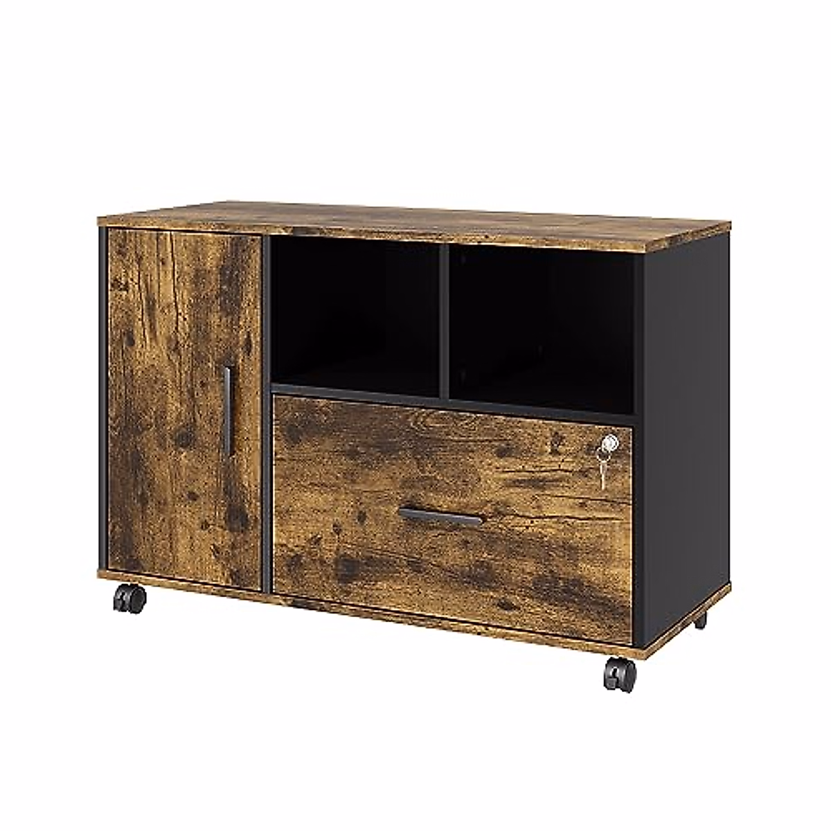 Wood File Cabinet with Lock, 1-Drawer Wooden Office Lateral Filing Cabinet on Wheels Mobile Printer Stand with Open Storage Shelf for Letter/Legal/A4 Size Files (Wood)