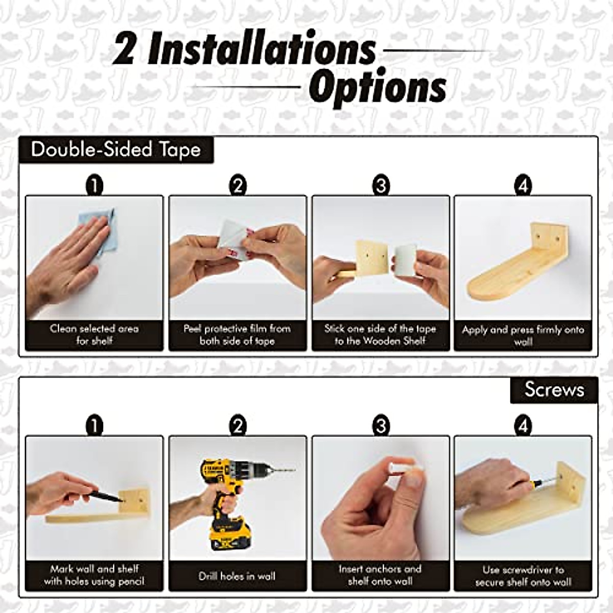 Wall Shoe Shelf - Pine Wood Shoe Display Shelf- Traditional Creations Set of 6 Wall Mount, and Adhesive Tape Installation, Floating Shoe Display Stand for Sneakersshelf