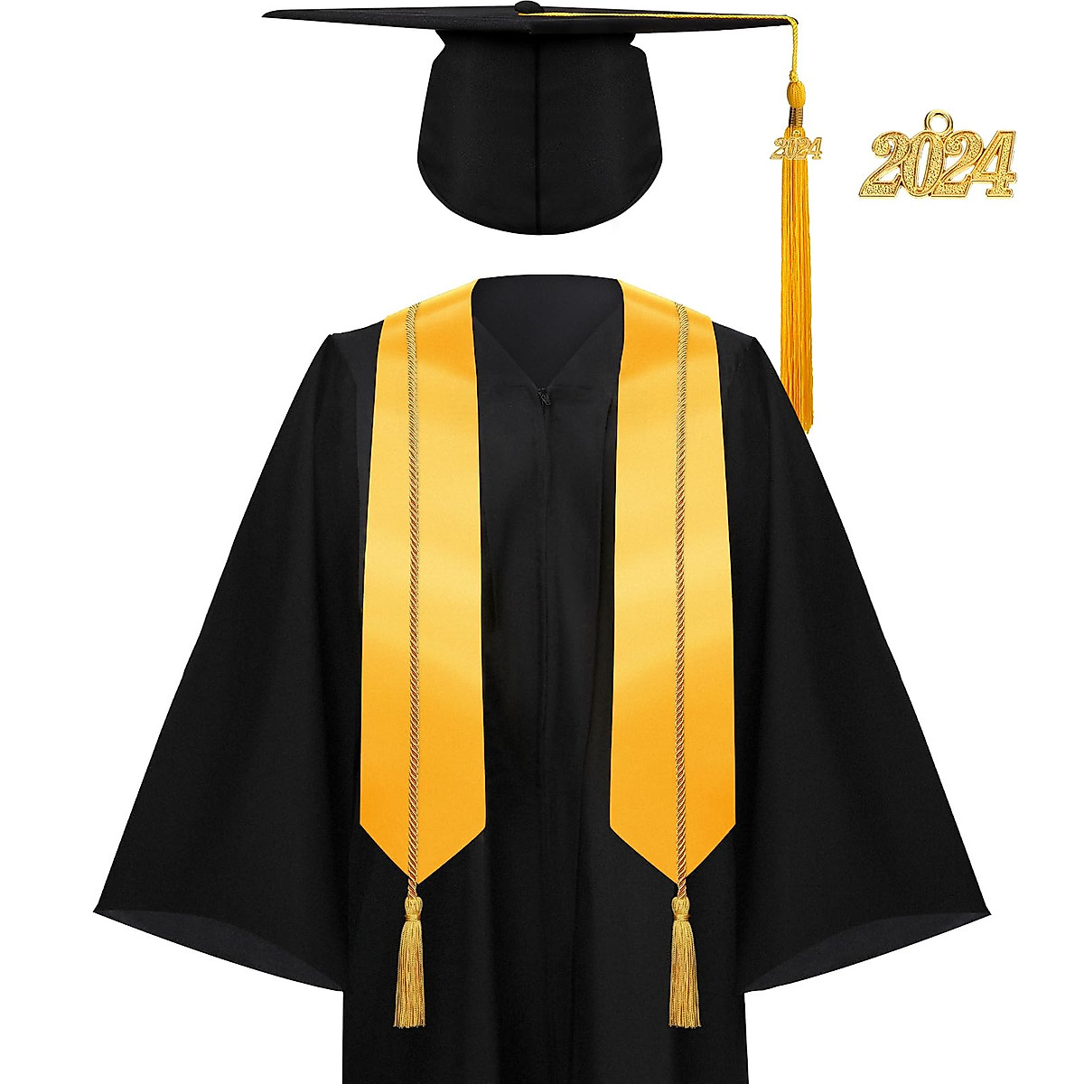 Syhood 4 Pieces 2024 Unisex Graduation Matte Gown Cap Tassel Stole Set Honor Cord 2024 Charm for Graduation(Black, Golden, 51)