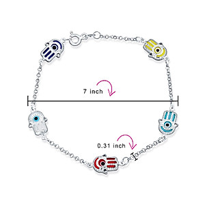 Delicate Dainty Turkish Amulet Talisman Protection Good Luck Five Multi Color Yellow Red Blue Hamsa Fatima Hand and Evil Eye Charm Bracelet For Teen For Women .925 Sterling Silver