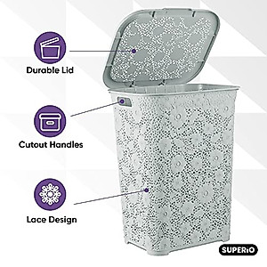 Laundry Hamper Basket With Lid, Plastic Hamper White Smoke Tall Cloths Hamper Basket Organizer with Cut-out Handles- Space Saving for Laundry Room, Bedroom, Bathroom-Lace Design, 50 Liter