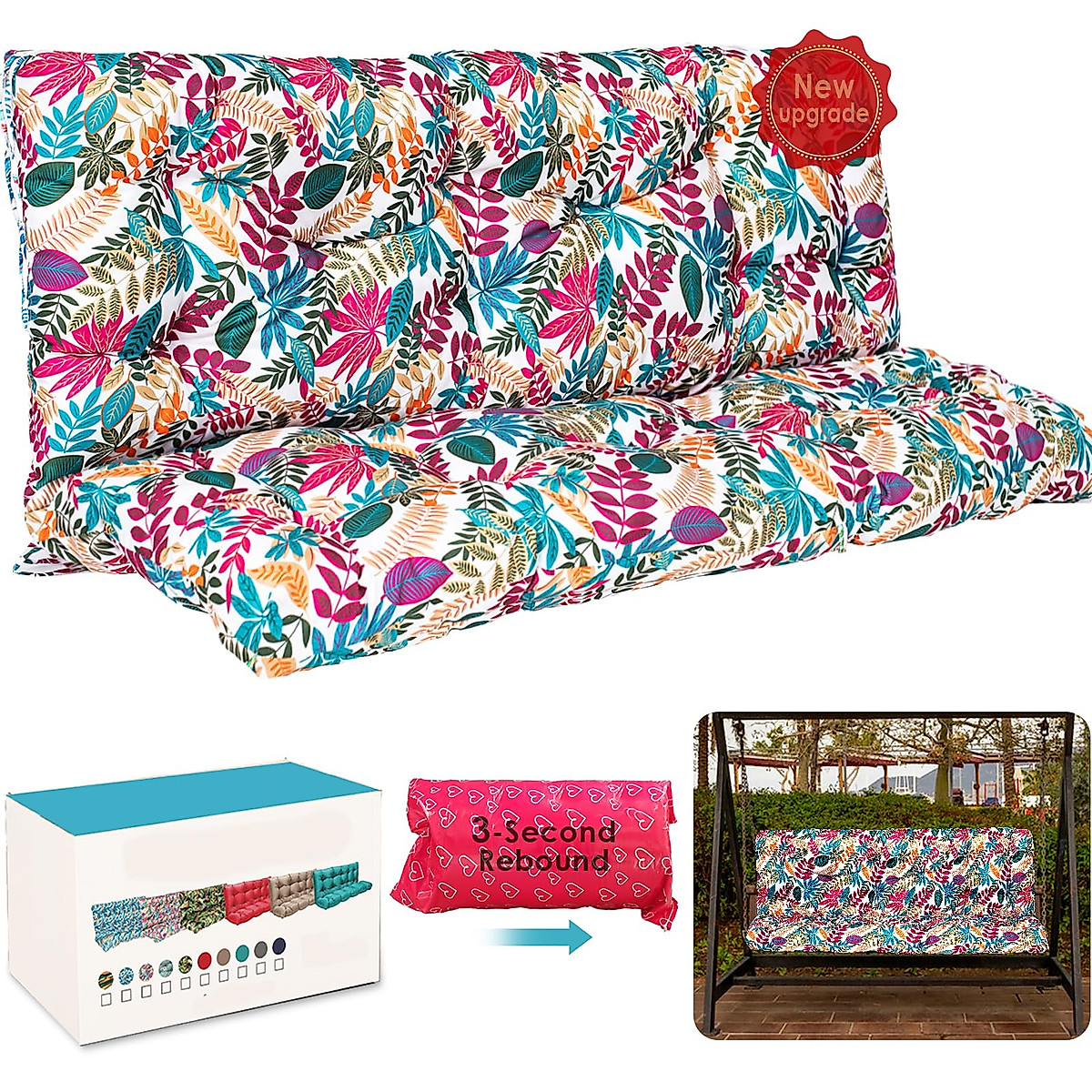 HZODJBH Porch Swing Cushion,Waterproof Bench Cushion for Outdoor Furniture with Backrest, Thickened Swing Cushions 2-3 Seater Replacement with Ties for Porch,Outdoor and Garden(Red Leaves,60 x 40in)