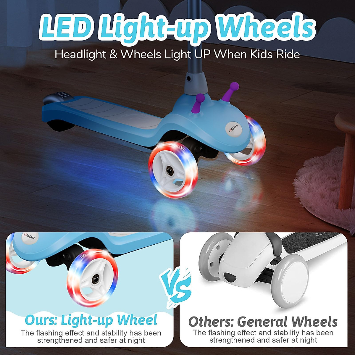 Electric Scooter for Kids Gobazaar, LED Light-up Wheels, 3 Height Adjustable, C-Shaped Handle, Lean-to Steer Design, 3 Wheel Scooter for Kids 2-10Y, Best Children's Gifts
