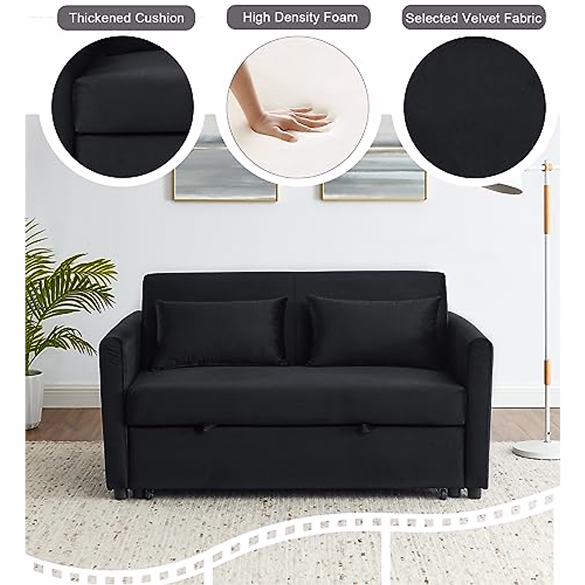 3 in 1 Convertible Sleeper Sofa Bed, Velvet Pull Out Couch with Storage Pockets and Pillows, Modern Futon Upholstered Small Loveseat for Living Room, Guest Room, Office, Dorm (Black with Rolled Arms)