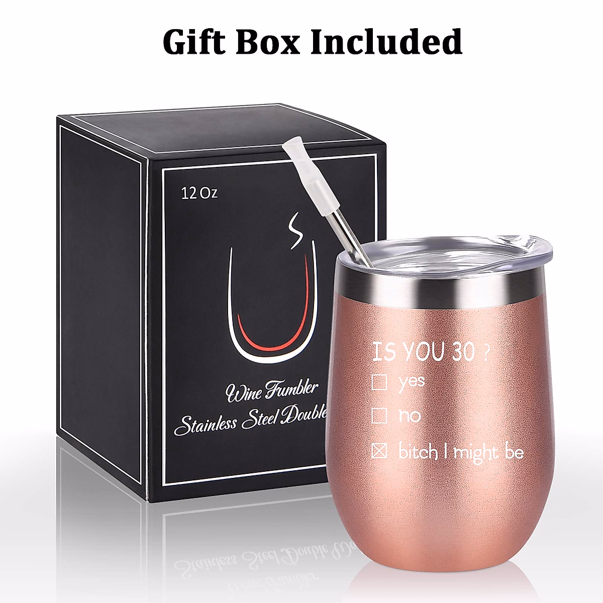 30th Birthday Gifts for Women-Is You 30 Wine Tumbler with Lid, Funny 30th Birthday Christmas Gifts for Women Friends Her Wife Mom Coworkers Sister, Insulated Stainless Steel Tumbler(12oz, Rose Gold)