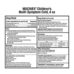 Mucinex Children's Multi-Symptom Cold Relief Liquid- Relieves Stuffy Nose, Chest Congestion, Cough & Mucus, Expectorant & Cough Suppressant With Dextromethorphan, Guaifenesin, Phenylephrine, 4 oz.