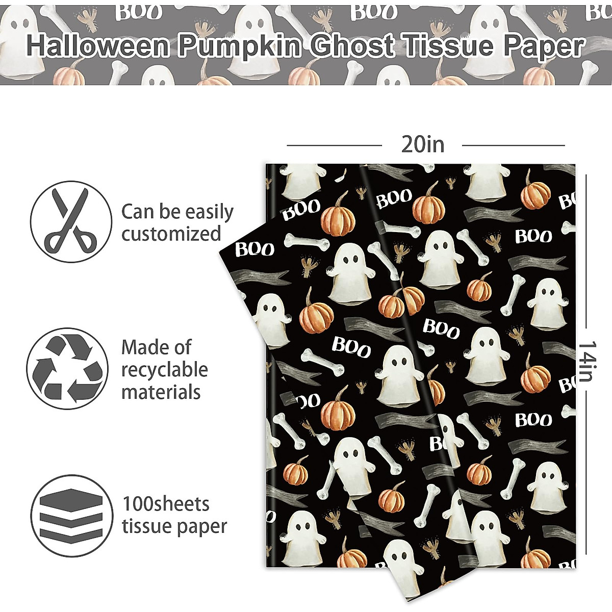 JarThenaAMCS 100 Sheet Halloween Tissue Paper Ghost Pumpkin Boo Wrapping Paper Cute Spooky Art Tissue for Birthday Trick or Treat DIY Crafts, 14 x 20 Inch