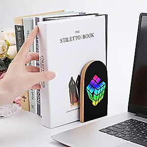 Magic Tie Dye Cube Logo Wood Book Ends for Shelves Non-Skid Bookend Book Stand Book Holder Stopper for Home Office School