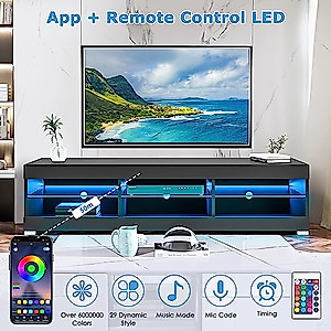 HOMMPA LED TV Stand with LED Lights for 65 inch TV Modern Entertainment Center with Storage 57" Black TV Console with Glass Shelves for Living Room 15" Tall