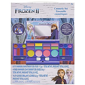 Disney Frozen Elsa Anna Cosmetic Compact Set with Mirror 22 Lip glosses, 4 Body Shines, 6 Brushes Colorful Portable Foldable Washable Makeup Beauty Kit Box Set for Girls Kids Toddler