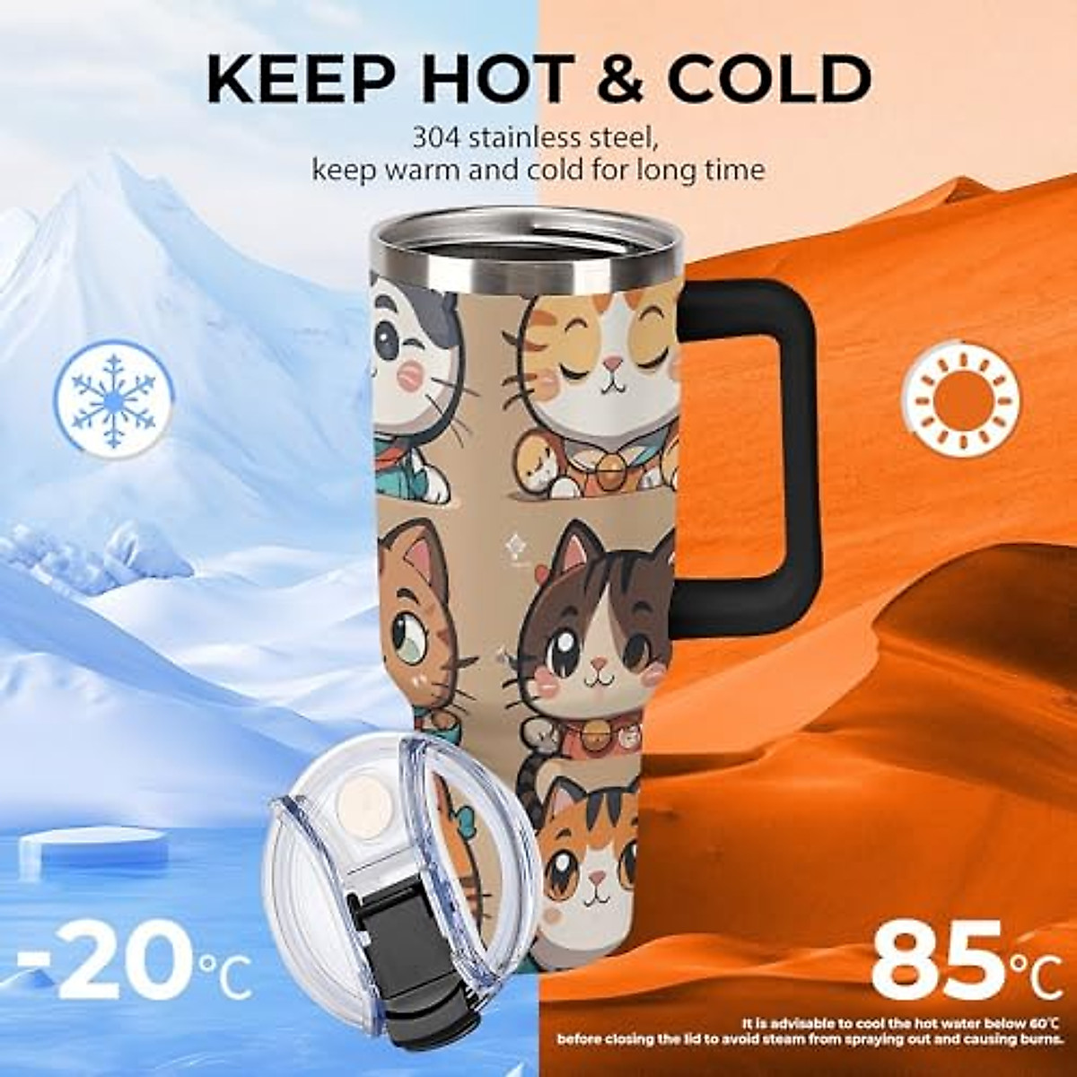 Many Cartoon Cats Insulated Stainless Steel Travel Mug, 40 Oz Tumbler with Handle And Straw Double-Wall Vacuum Coffee Cup, Leak-Proof Lid, Keeps Drinks Hot/Cold for Hours