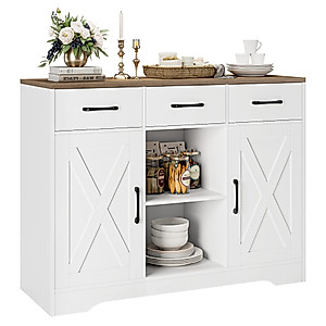 HOSTACK Modern Farmhouse Buffet Cabinet with Storage, Barn Doors Sideboard Buffet Storage Cabinet with Drawers and Shelves, Wood Coffee Bar Cabinet for Kitchen, Dining Room, Living Room, White