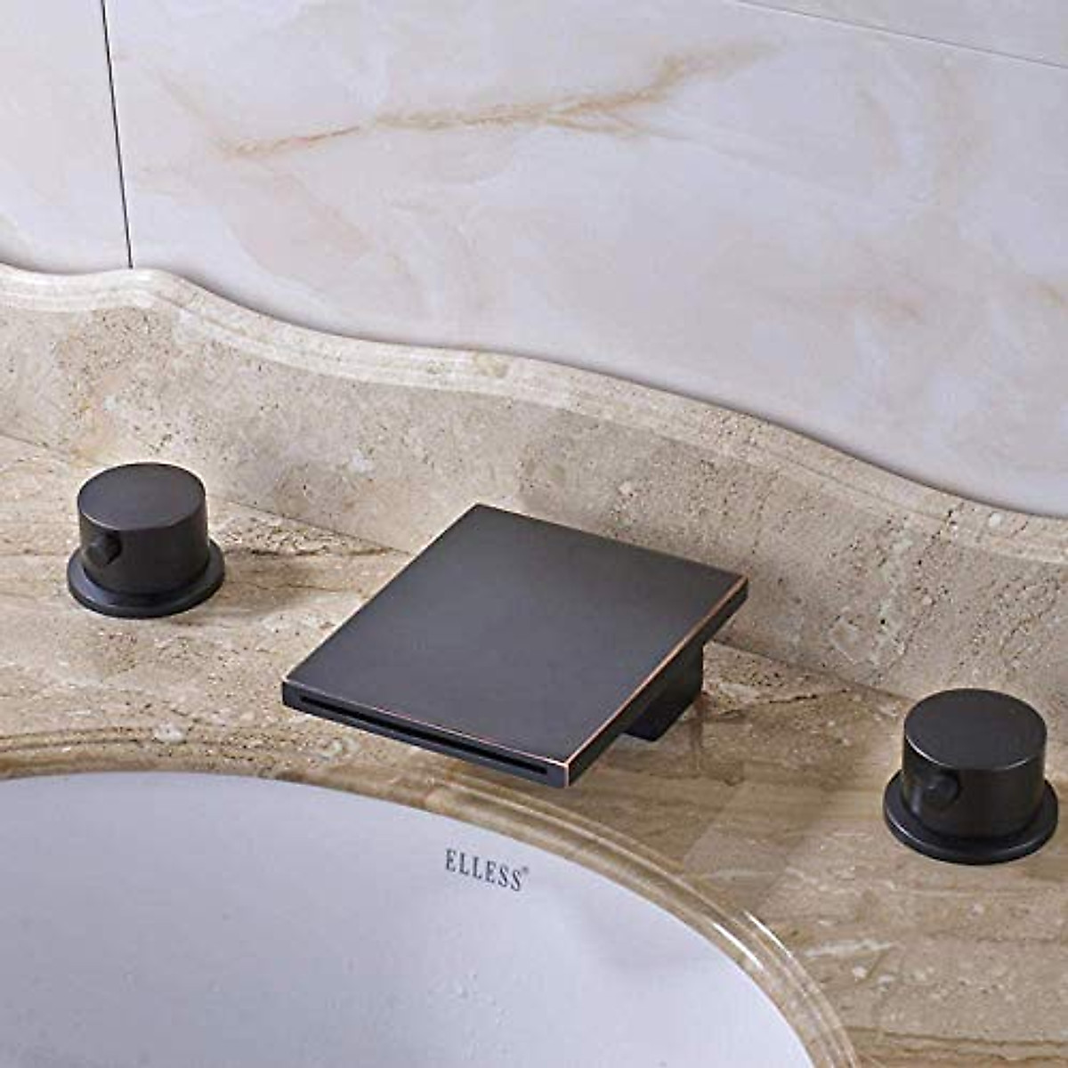 Y-LKUN Faucet Solid Brass Oil Rubbed Bronze Widespread 3Pcs Waterfall Spout Bathroom Sink Faucet Three Holes Mixer Tap