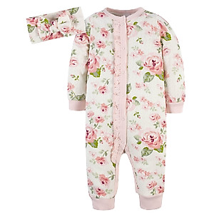 Gerber Baby Girls' 2-Piece Coverall & Headband Set, Floral, 3-6 Months