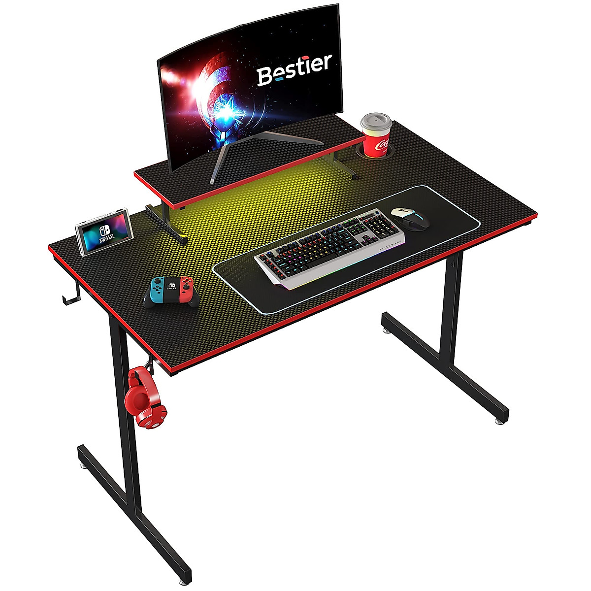 Bestier Gaming Desk with LED Lights 44" Small Computer Desk for Home Office Table with Cup Holder and 2 Headphone Hooks, Black