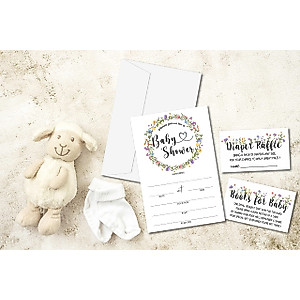 Baby Shower Invitation Kit, Diaper Raffle Games, Books For Baby, Greenery Boho Floral Baby Gender Reveal Fill In Invites Cards, Each Design 25 Cards & 25 Envelopes （A Total of 100 set）- BABYSET-013