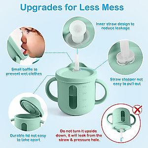 Palmatte Baby Toddler Cups with Straw: 200ml Perspective Silicone Training Cup with Lid Handle Marks for Infants 6 Months+, Open Sippy Cup Baby Led Weaning Supplies Baby Shower Gifts (Sage Green)