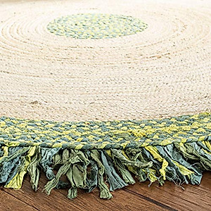 SAFAVIEH Cape Cod Collection 3' Round Green / Natural CAP212Y Handmade Boho Fringe Jute & Cotton Area Rug