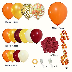 PERPAOL 141pcs Fall Balloons Garland Arch Kit, Fall Decorations Orange Burgundy balloons for Thanksgiving Autumn Little Pumpkin Shower Birthday Party Decorations with Fall Leaves and Maple Garland