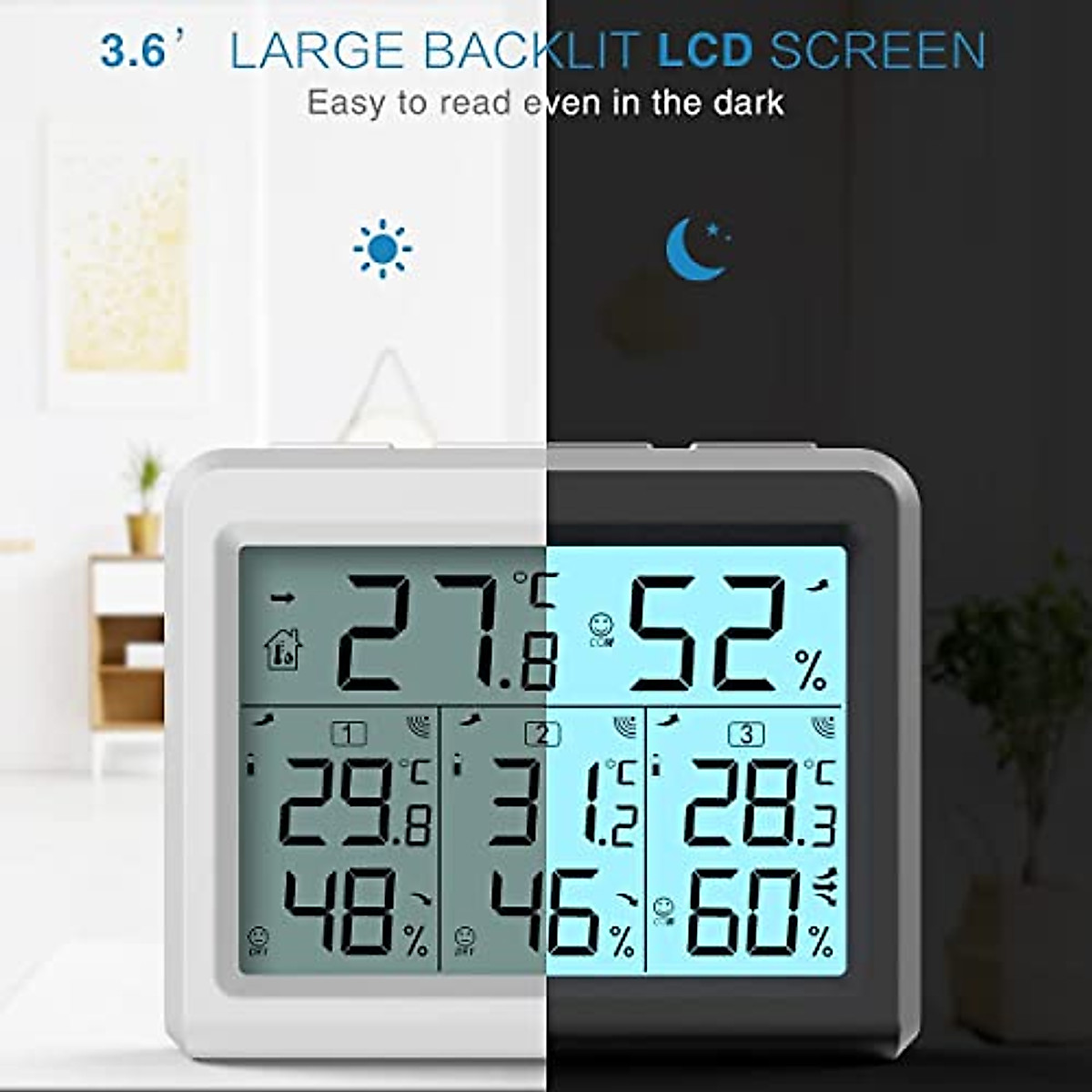 AMIR Indoor Outdoor Thermometer, 3 Channels Digital Hygrometer Thermometer with 3 Sensor, Temperature Humidity Monitor with LCD Display, Wireless Humidity Gauge for Home, Baby Room