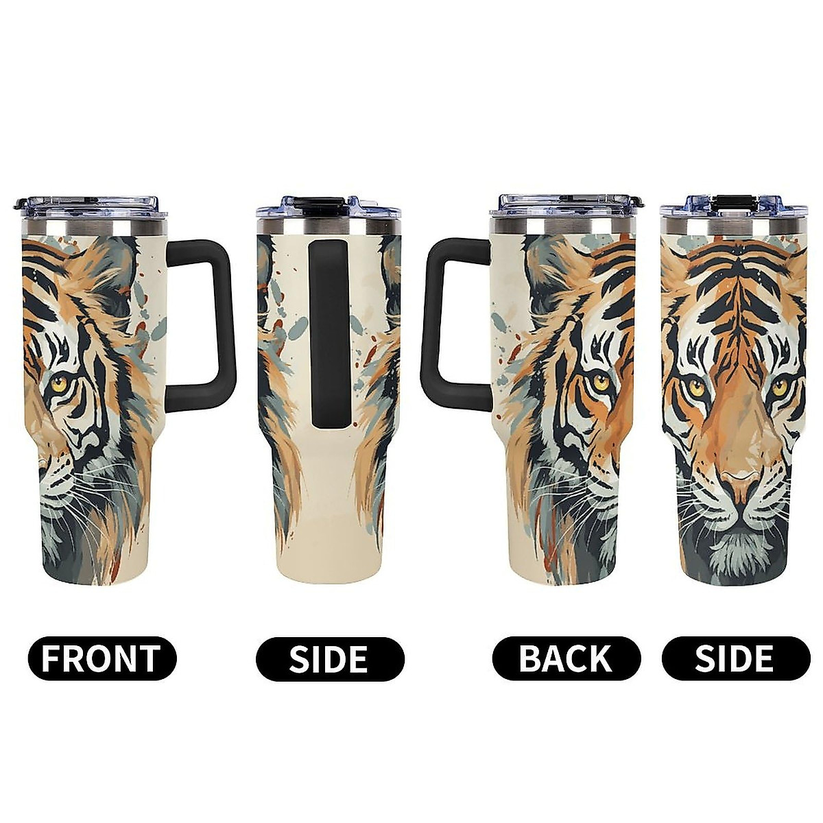 MNVTSKOP 40 Oz Tumbler With Handle And Straw Black Year of The Tiger Tiger Face Printed Stainless Steel Car Cup Coffee Mug Leak Proof Insulated Water Bottle for Travel Camping Gym