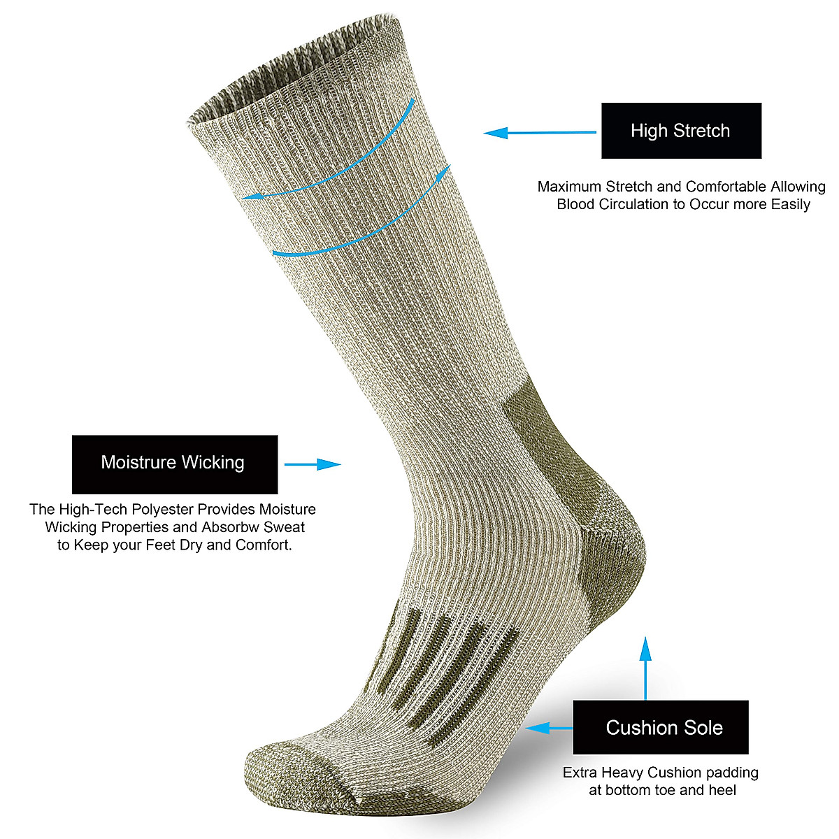 ONKE Merino Wool Cushion Crew Socks for Men Outdoor Hiking All Seasons Work Boot Heavy Thick Thermal Moisture Wicking Control(Green XL)