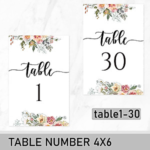 Wedding Table Numbers-Floral Table Numbers 1-30 for Wedding Reception, Double-Sided Table Number Cards Plus Head Table Card for your Wedding, Anniversary, Birthday Party or Celebration, 4"x6"