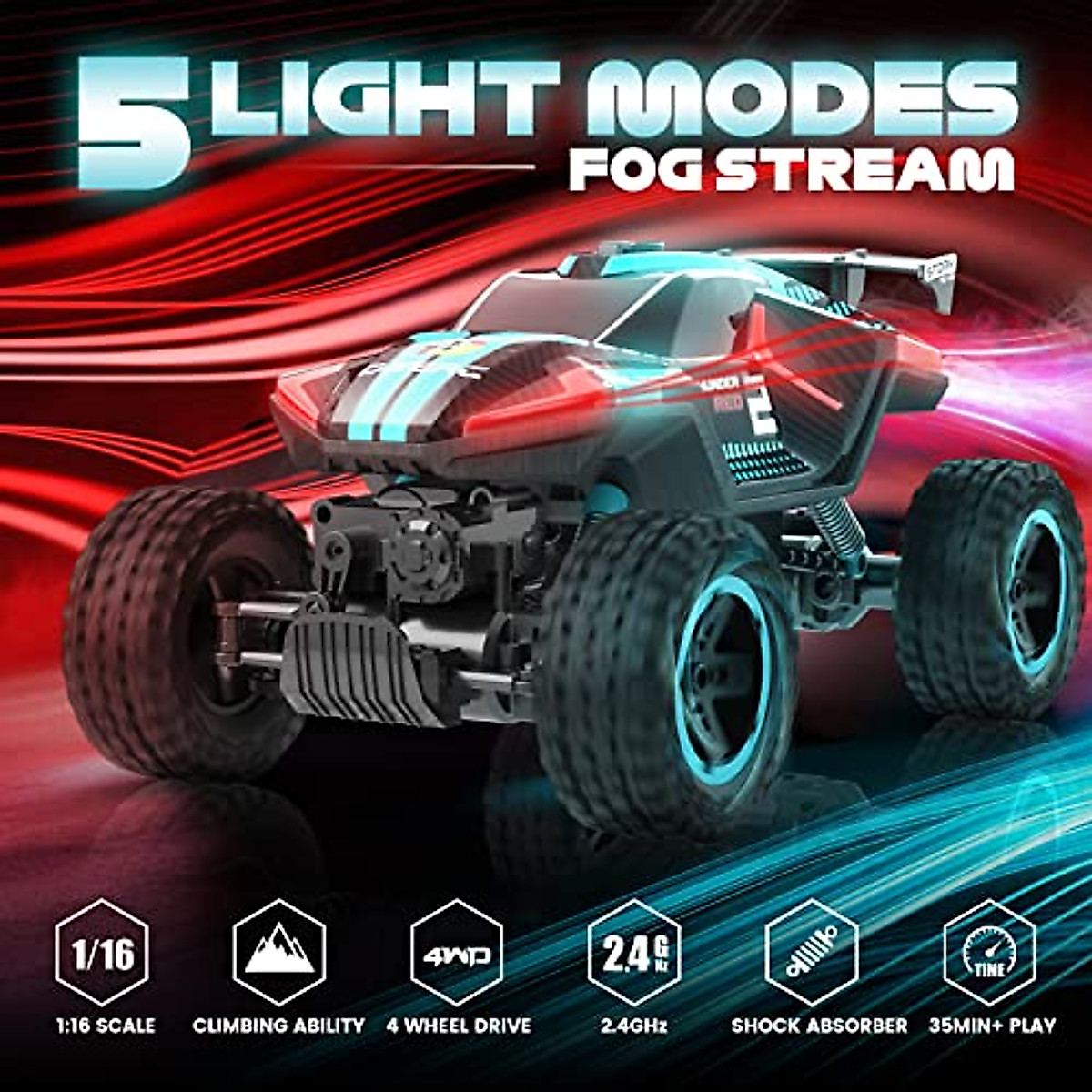 DEERC DE69 Remote Control Truck with Spray and Light, 5 LED Light Modes, Dual Motors Off Road RC Car, 4WD Rock Crawler, Spray Water Mist, 35+ Min Play, Toy Vehicle for Boys Girls and Adults