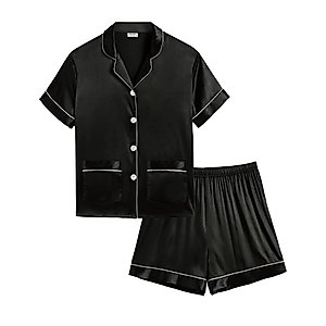 SWOMOG Satin Kid Pajamas for Girls Silk Pjs Set with 2 Pockets Boys Sleepwear Button-up Lounge Sets Short Sleeve Nightwear Black