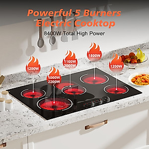 Traenvir 30 Inch Electric Cooktop, 5 Burner 8400W Built-in Electric Stovetop, Ceramic Cooktop with Expanded Zone, Slide Touch Control, Timer, Child Safety Lock, Pause, 220V - 240V Hard Wire, No Plug