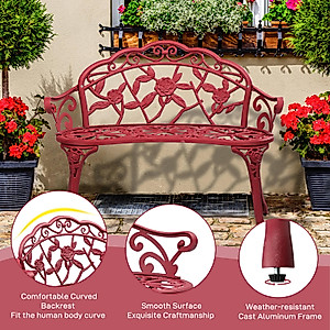 CIPACHO Outdoor Cast Aluminum Patio Bench, Garden Bench with Curved Legs Rose Pattern,Porch Bench Chair for Park Balcony Backyard Outdoor Furniture (Red)