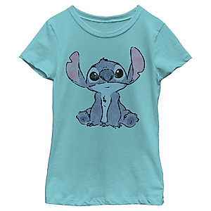 Disney Lilo & Stitch Simply Stitch Girl's Solid Crew Tee, Tahiti Blue, Medium