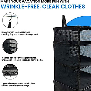 Grand Fusion Housewares Stow-N-Go Luggage and Travel Organizer, Travel Essentials, Hanging Packing Cubes With Hanging Shelves And Laundry Storage Compartment, Black