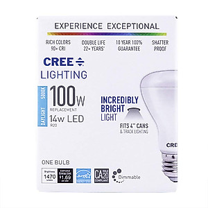 Cree Lighting R20 Indoor Flood 100W Equivalent LED Bulb, 1400 lumens, Dimmable, Daylight 5000K, 25,000 Hour Rated Life, 90+ CRI | 1-Pack, White