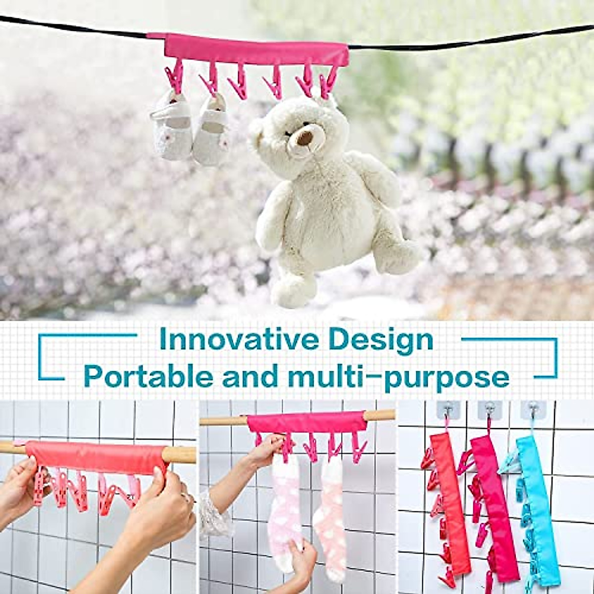 Pansyling 4PCS Foldable Travel Hanger Cloth Hanger Bathroom Towel Rack Clothespin Easy-to-Pack Laundry Clips Clothesline Portable Drying Hanger with 6 Clips for Socks Towels Underwear, Blue
