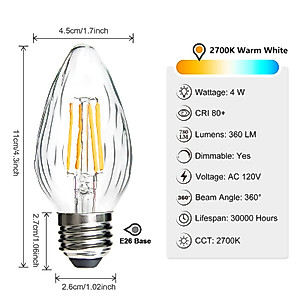 ROMANJOY F15 4W LED Light Bulbs, LED Porch Light Bulbs, E26 Medium Base, Dimmable 2700K Warm White LED Post Bulb 40w Equivalent, Outdoor Decorative Chandelier Lantern Lamp, 4-Pack…